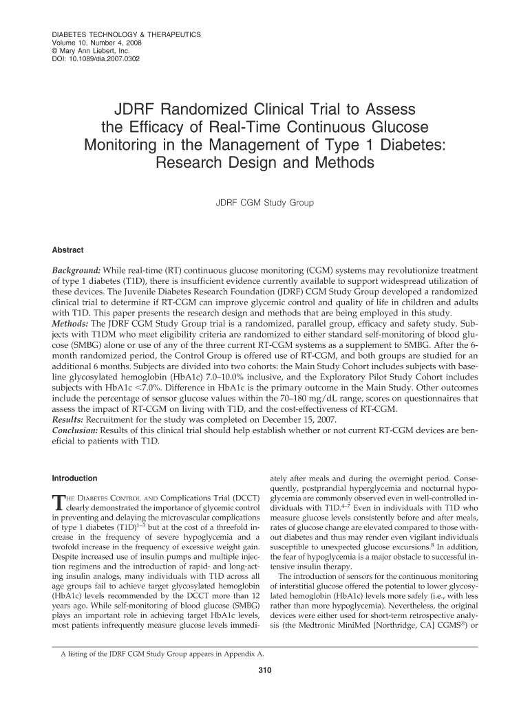 Fillable Online JDRF Randomized Clinical Trial to Assess the Efficacy of Real-Time Continuous ...