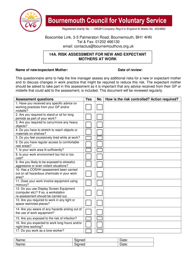 Fillable Online bournemouthcvs org Risk Assessment for New and ...