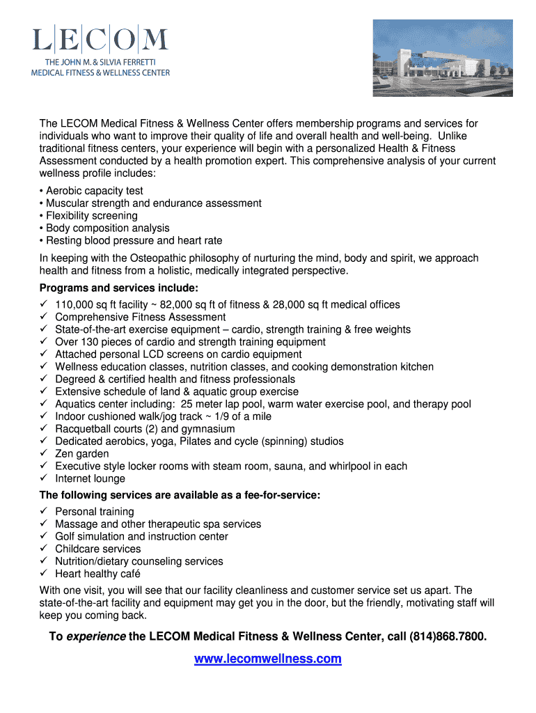 Fillable Online New Employee Corporate - LECOM Medical Fitness amp Wellness Fax Email Print ...