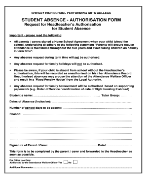 Fillable Online shirley croydon sch Student Absence Authorisation Form - Shirley High School ...
