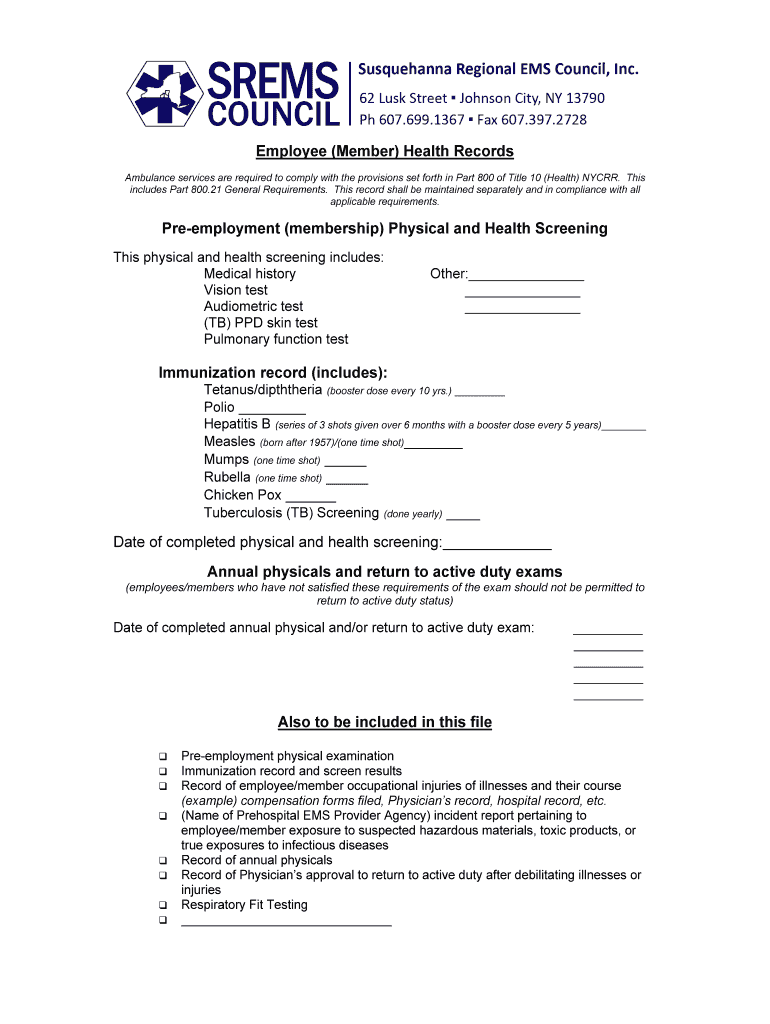 Fillable Online Employee Health Record Form Fax Email Print - pdfFiller