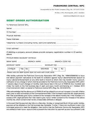 Fillable Online Debit Order Authorisation and Agreement Non PCA Members ...