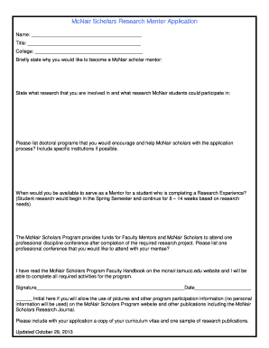 Fillable Online mcnair tamucc BMcNairb Scholars Research Mentor Application Fax Email Print ...