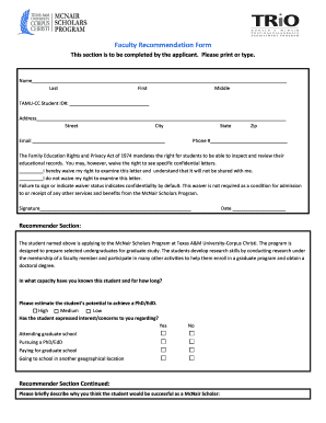 Fillable Online mcnair tamucc Faculty Recommendation Form - bMcNairb Scholars Program Fax Email ...