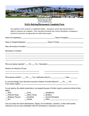 Fillable Online hoosickfallscsd DASA BullyingHarassment Complaint Form - hoosickfallscsd Fax ...