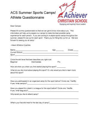 Fillable Online Athlete Questionnaire - Achiever Christian School Fax ...