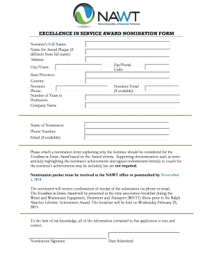 Fillable Online EXCELLENCE IN SERVICE AWARD NOMINATION FORM Fax Email Print - pdfFiller