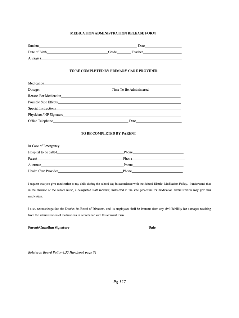 Fillable Online socs nemo k12 ar MEDICATION ADMINISTRATION RELEASE FORM ...