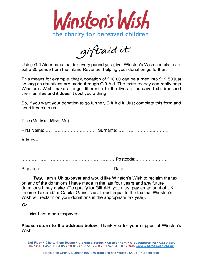 Fillable Online winstonswish org Gift Aid Form - Winston's Wish Fax ...