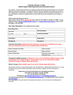 Fillable Online UNLV Dietetic Health Forms and Immunization ...