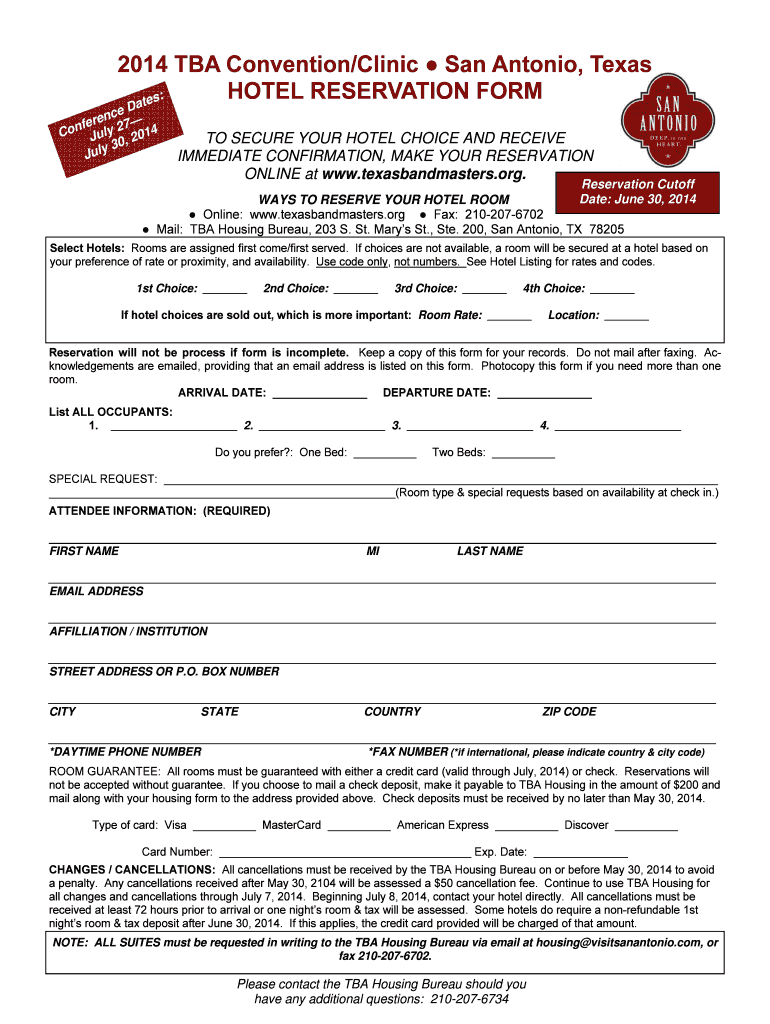 Fillable Online texasbandmasters 2014 TBA Attendee Hotel Reservation ...