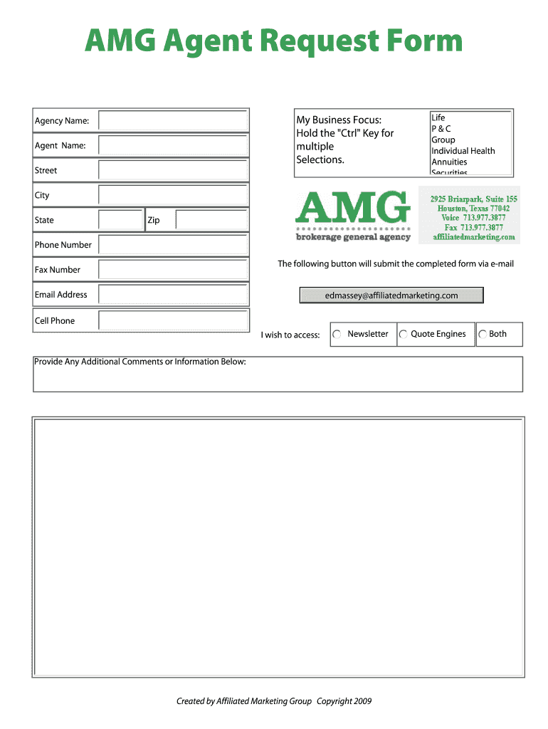 Fillable Online AMG Agent Request Form - Affiliated Marketing Fax Email ...