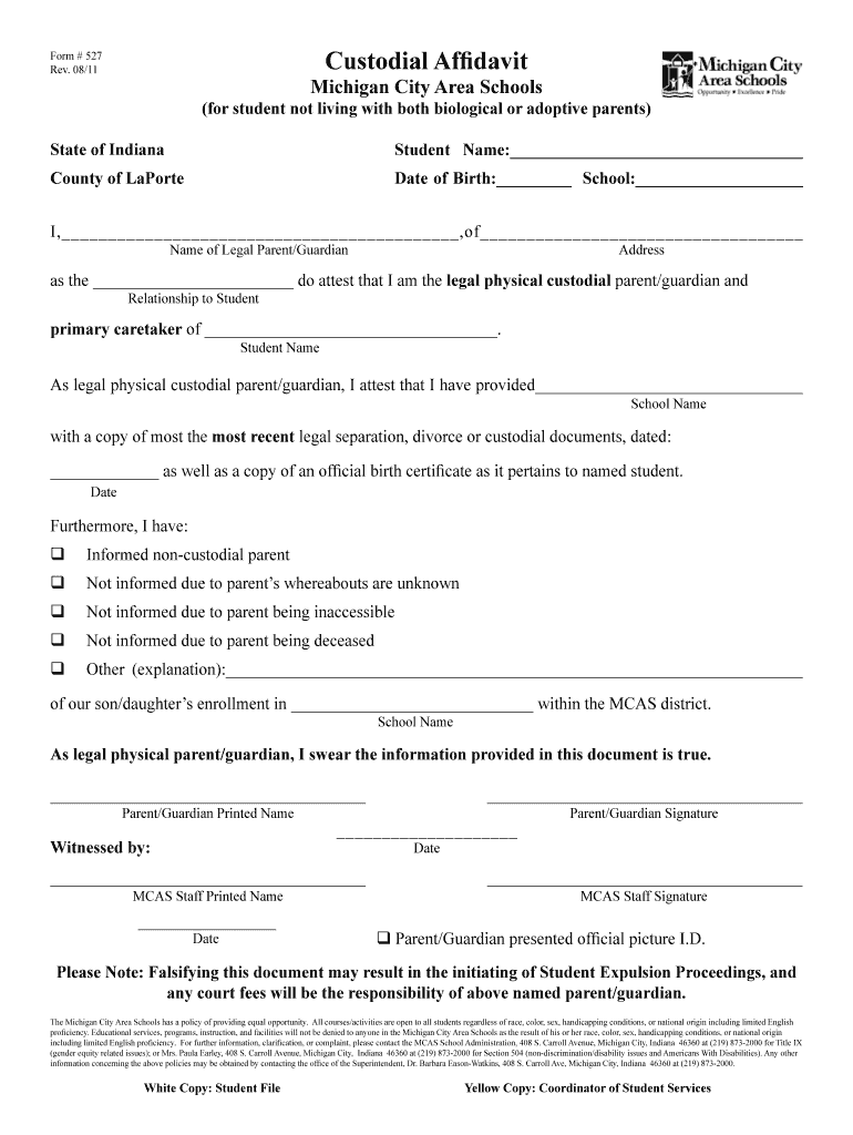 Fillable Online Custodial Affidavit Rev 0811 Michigan City Area Schools ...