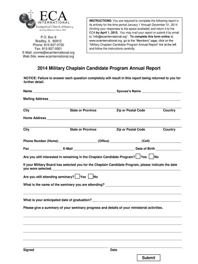 Fillable Online 2014 Military Chaplain Candidate Program Annual Report Fax Email Print - pdfFiller