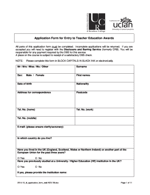 Fillable Online runshaw ac Application Form for Entry to Teacher ...