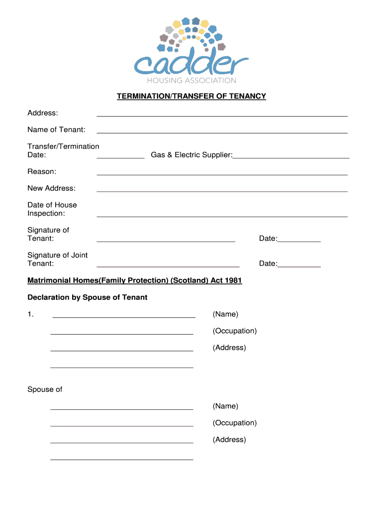 Fillable Online cadderha co TERMINATIONTRANSFER OF TENANCY ...
