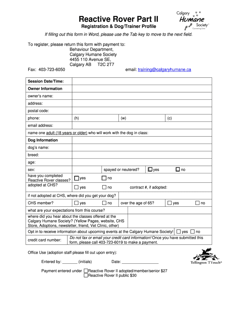 Fillable Online calgaryhumane Reactive Rover II Registration Form ...