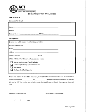 Fillable Online Taxi licence form - regoactgovau Fax Email Print ...