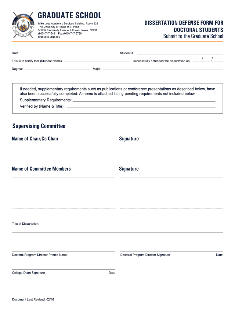 Fillable Online graduate utep DISSERTATION DEFENSE FORM FOR Fax Email Print - pdfFiller