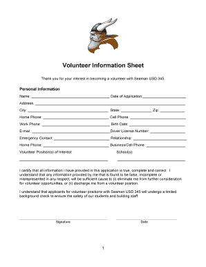 Fillable Online seamanschools Volunteer Information Sheet ...