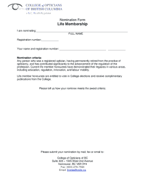 Fillable Online Nomination Form Life Membership - COBC Beta Fax Email ...