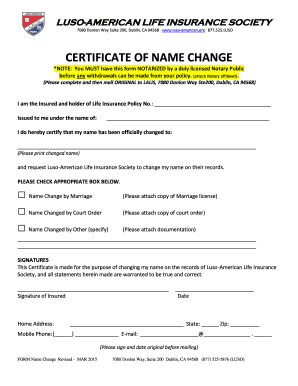 Fillable Online Certificate of name change - Luso-American Life ...