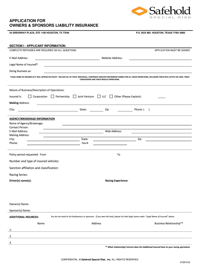Fillable Online Application for owners & sponsors liability insurance ...
