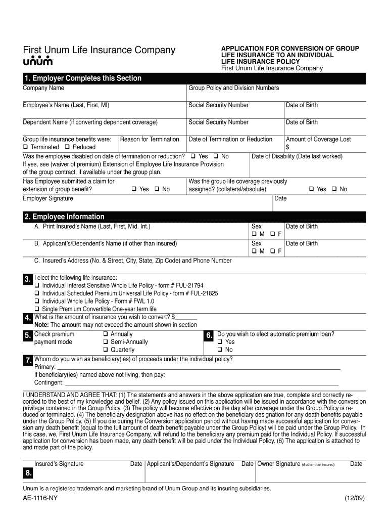 Fillable Online mvccpa First Unum Life Insurance Company LIFE INSURANCE ...