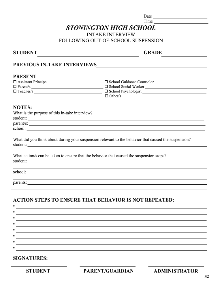 Fillable Online Intake Interview - Stonington High School Fax Email ...