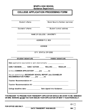 Fillable Online shs sparta College application processing form - Sparta ...