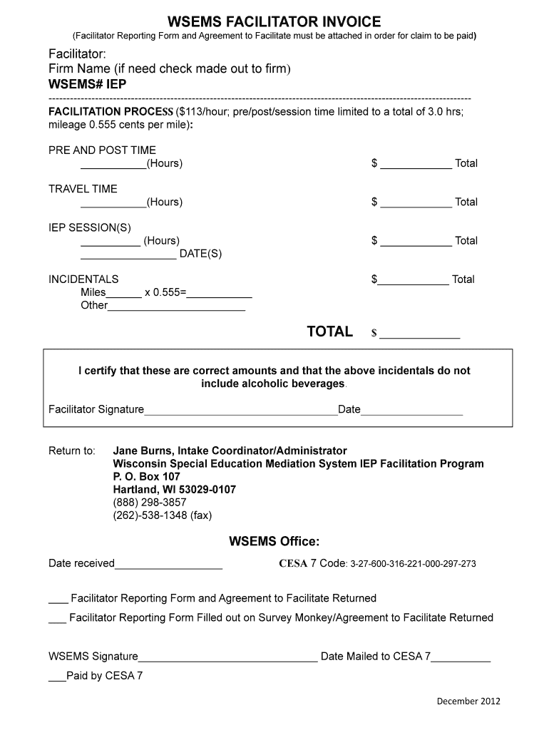 Fillable Online wsems BWSEMSb FACILITATOR INVOICE Fax Email Print ...