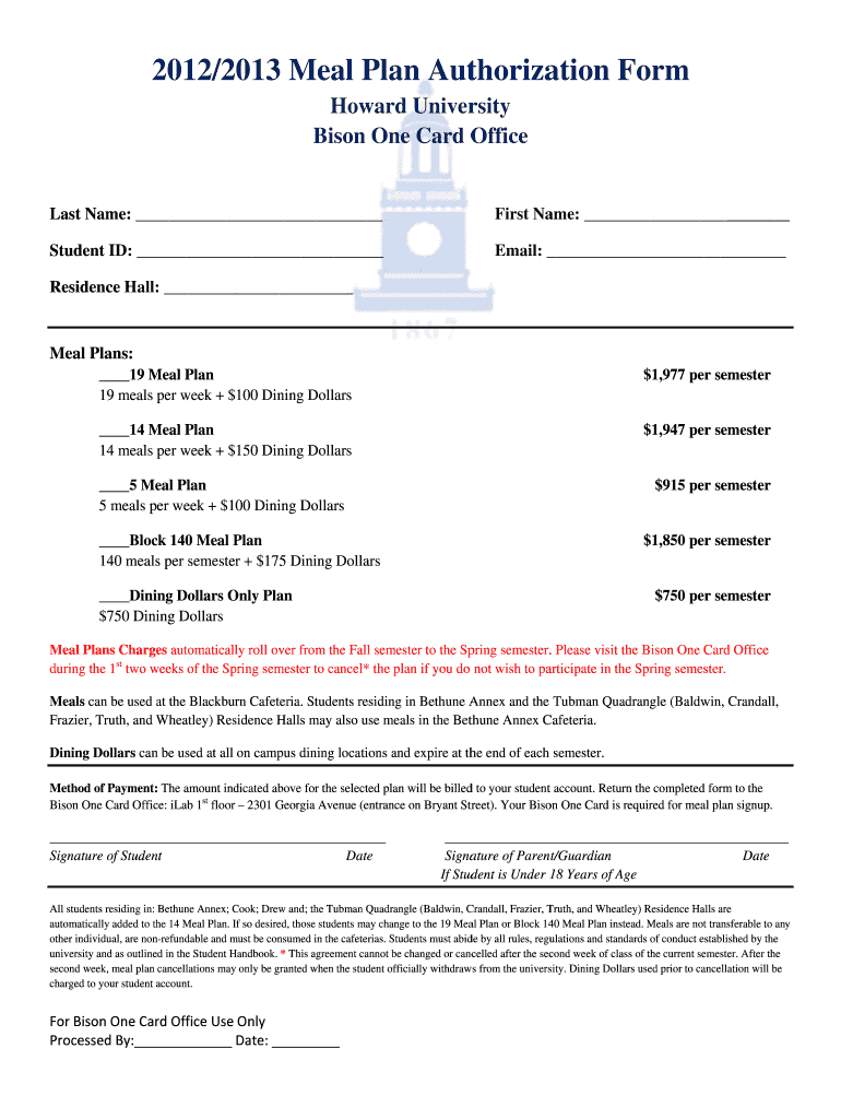 Fillable Online 2 0122013 M eal Plan Authorization Form Fax Email Print ...