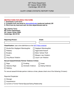 Fillable Online police mit Clery Crime Statistic Form February 2016 ...