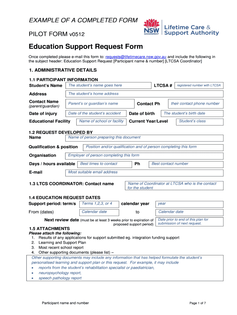 Fillable Online lifetimecare nsw gov Education Support Request Form ...