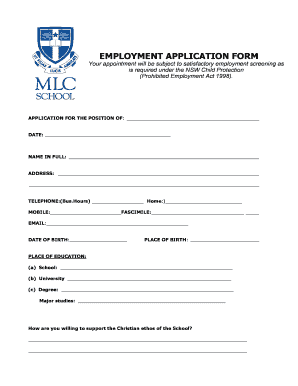 Fillable Online mlcsyd nsw edu EMPLOYMENT APPLICATION FORM - MLC School ...