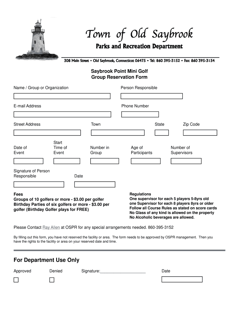 Fillable Online Saybrook Point Mini Golf Group Reservation Form Fax ...