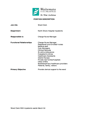Fillable Online POSITION DESCRIPTION Job title Ward Clerk Charge Nurse ...