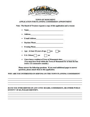 Fillable Online TOWN OF MONUMENT APPLICATION FOR PLANNING COMMISSION ...