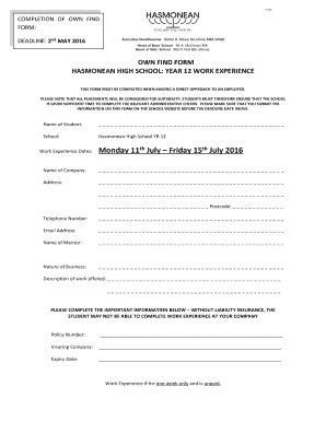 Fillable Online Own find form hasmonean high school: year 12 work ...