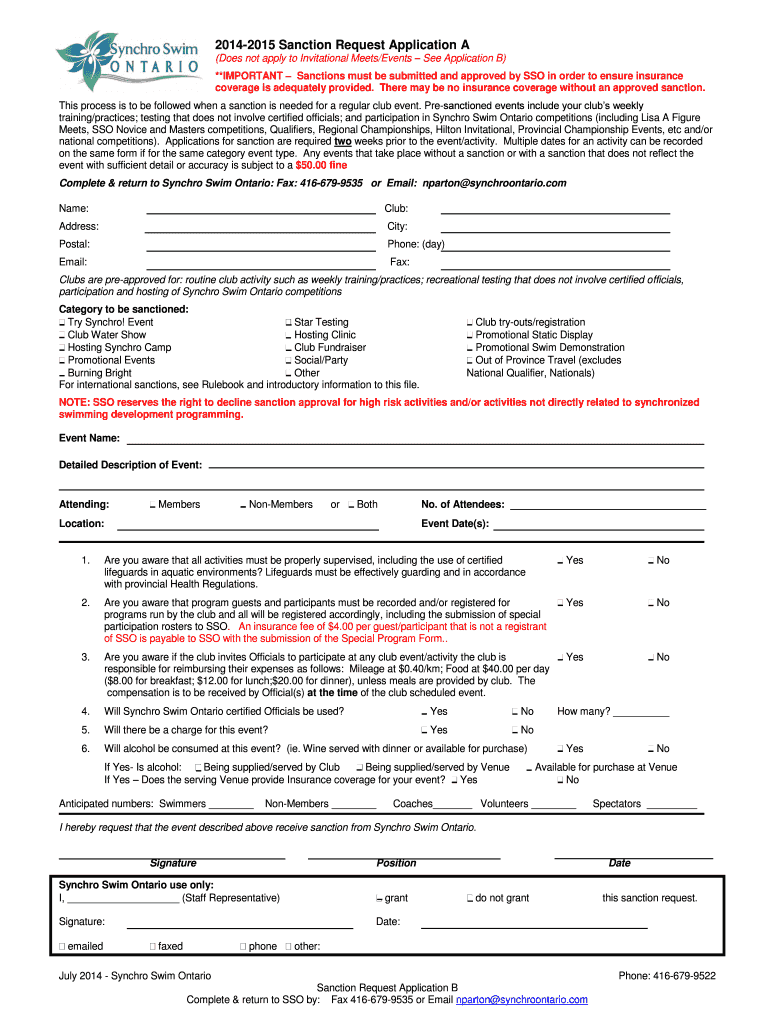Fillable Online 2014-2015 Sanction Request Application A See ...