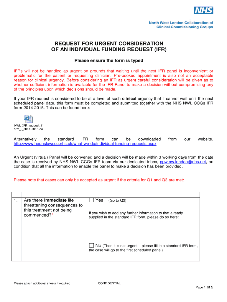 Fillable Online centrallondonccg nhs IFR urgent request form - centrallondonccgnhsuk ...