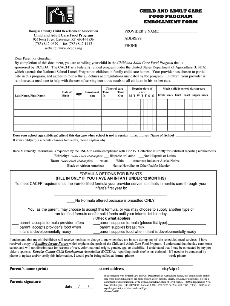 Fillable Online dccda Food Program Enrollment Form - dccda Fax Email ...