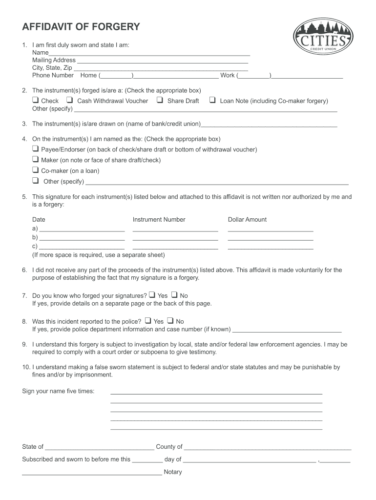 Fillable Online citiescu AFFIDAVIT OF FORGERY - Cities Credit Union ...