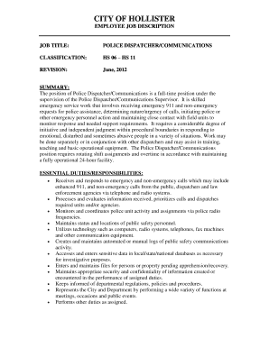 Fillable Online EMPLOYEE JOB DESCRIPTION JOB TITLE POLICE DISPATCHER ...
