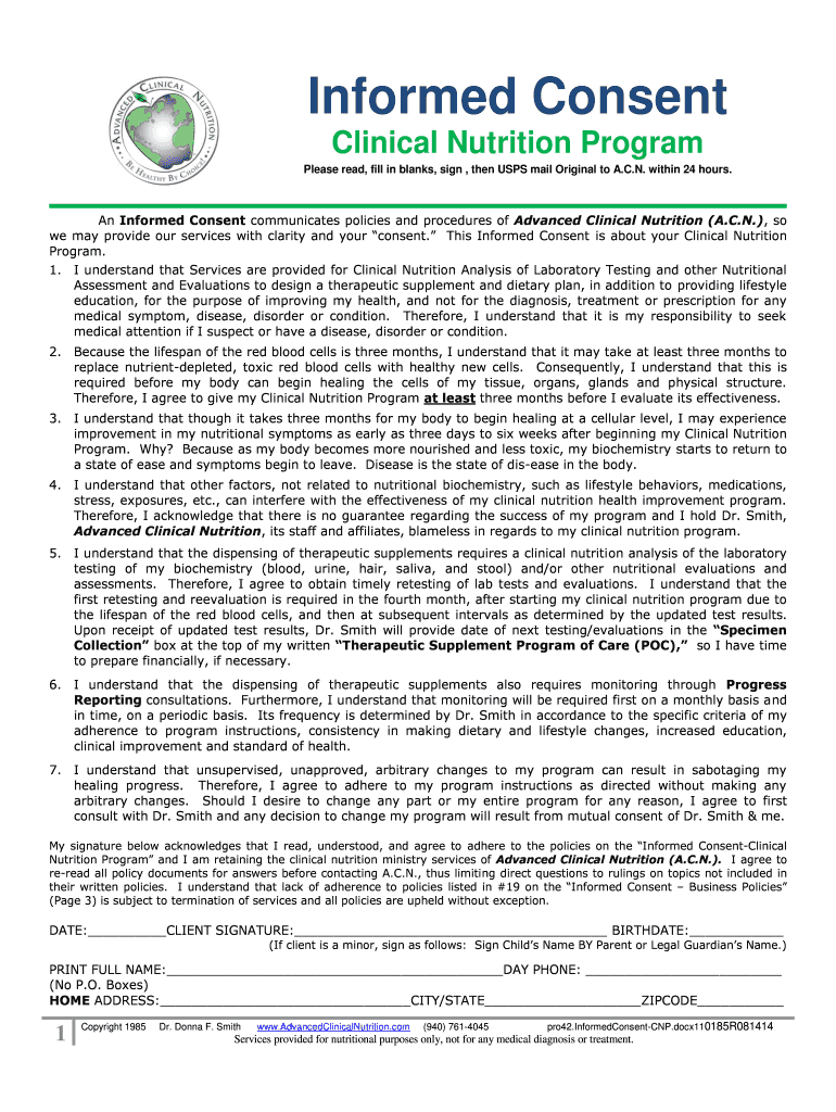 Fillable Online Informed Consent - Clinical Nutrition Program. Clinical ...