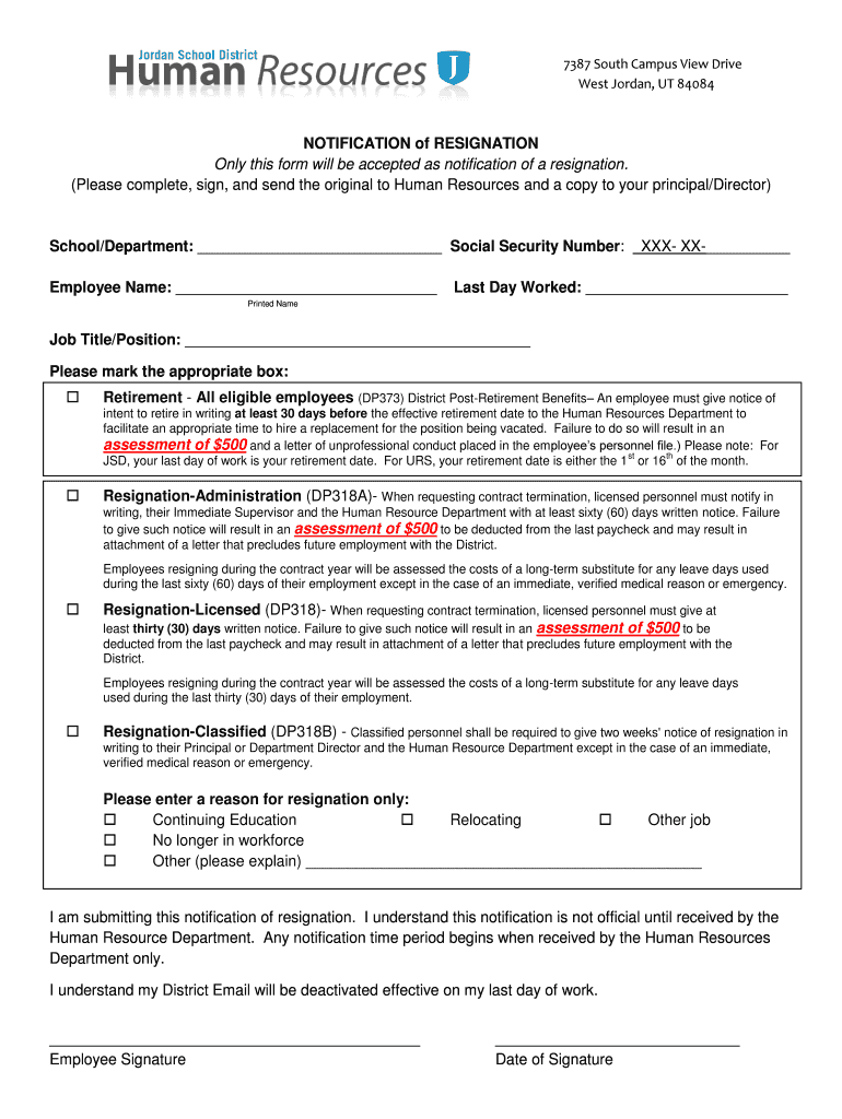 Fillable Online NOTIFICATION of RESIGNATION Fax Email Print - pdfFiller