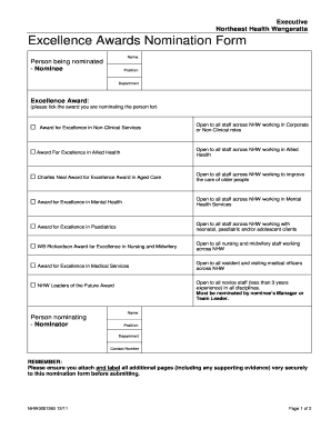 Fillable Online staff northeasthealth org 1260 1211 Excellence Awards Nomination Form - staff ...