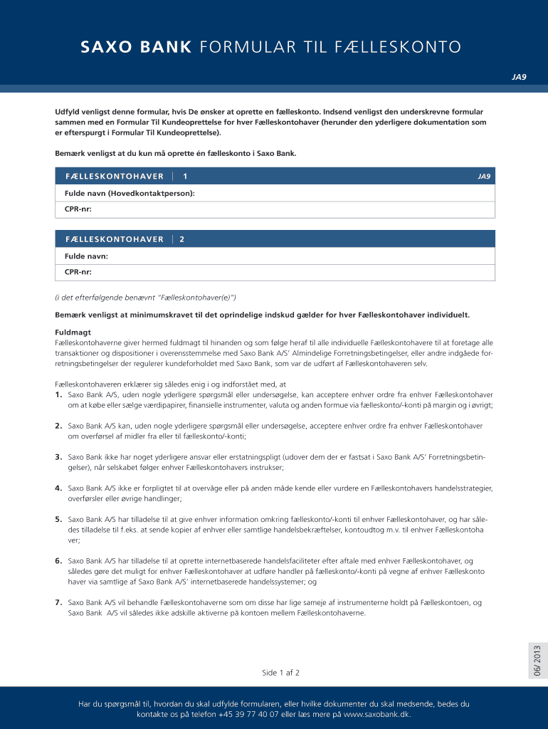 Fillable Online Formular til f lleskonto - 2 kunder - Saxo Bank Fax ...