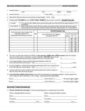 Fillable Online hope Supplemental Application for Financial Aid - Hope ...