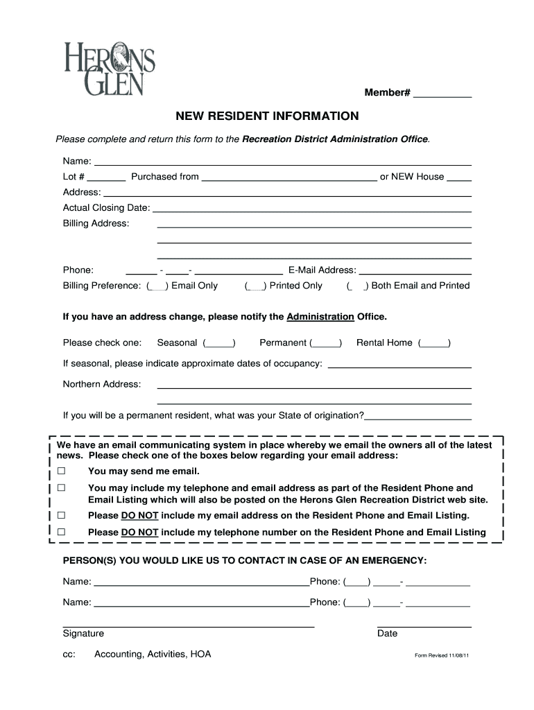 Fillable Online NEW RESIDENT INFORMATION - bhggccbbcomb Fax Email Print ...